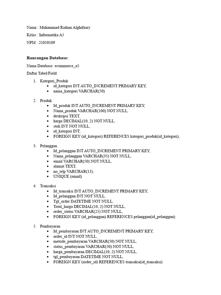 Rancangan Database Ecommerce - A5 | PDF