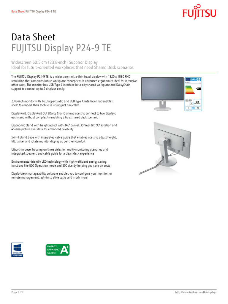 Fujitsu P24-9 TE Datasheet | PDF | Computer Monitor | Usb