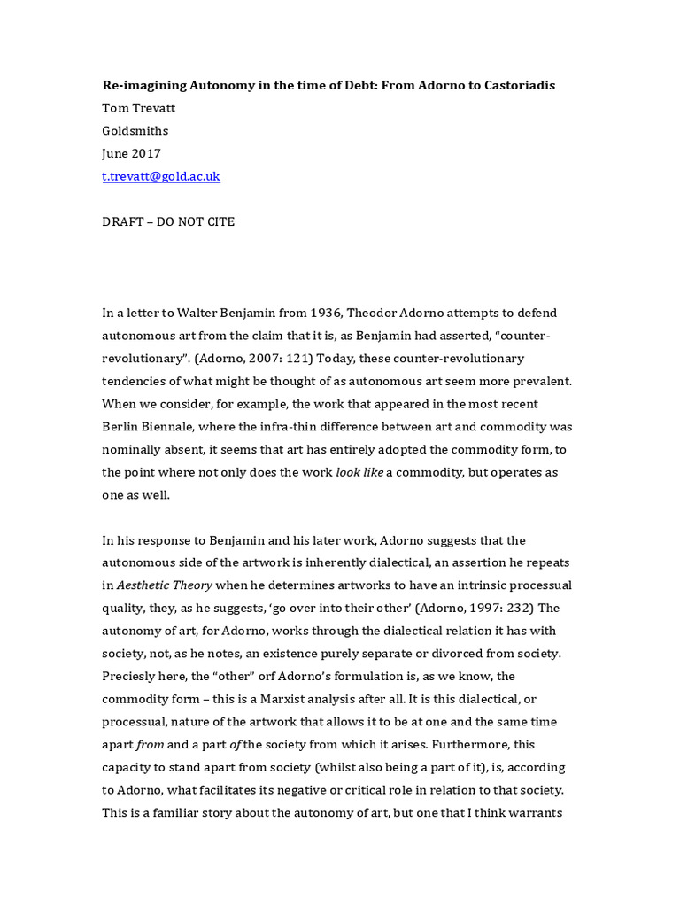 Autonomy, Art, and Commodification | PDF | Autonomy | Theodor W. Adorno