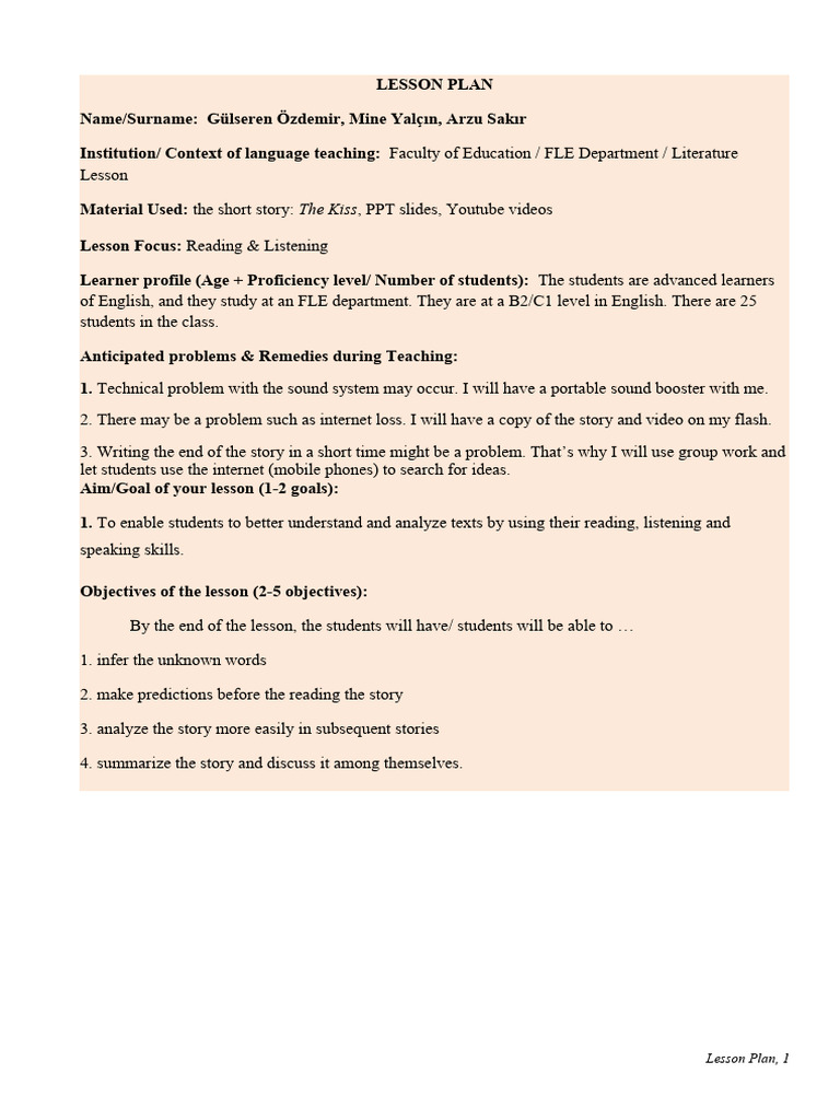 Lesson Plan For Short Story (The Kiss) | PDF | Lesson Plan | Language Education