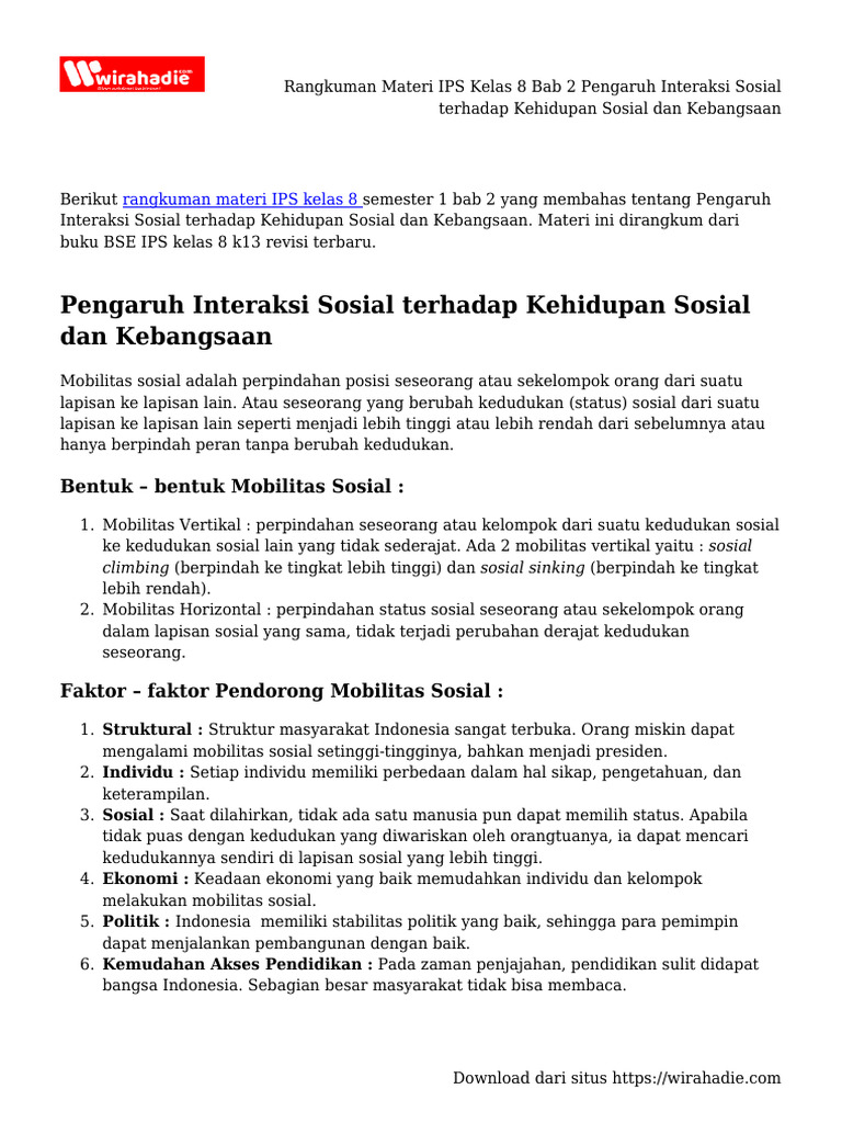 Rangkuman Materi IPS Kelas 8 Bab 2 Pengaruh Interaksi Sosial Terhadap Kehidupan Sosial Dan ...