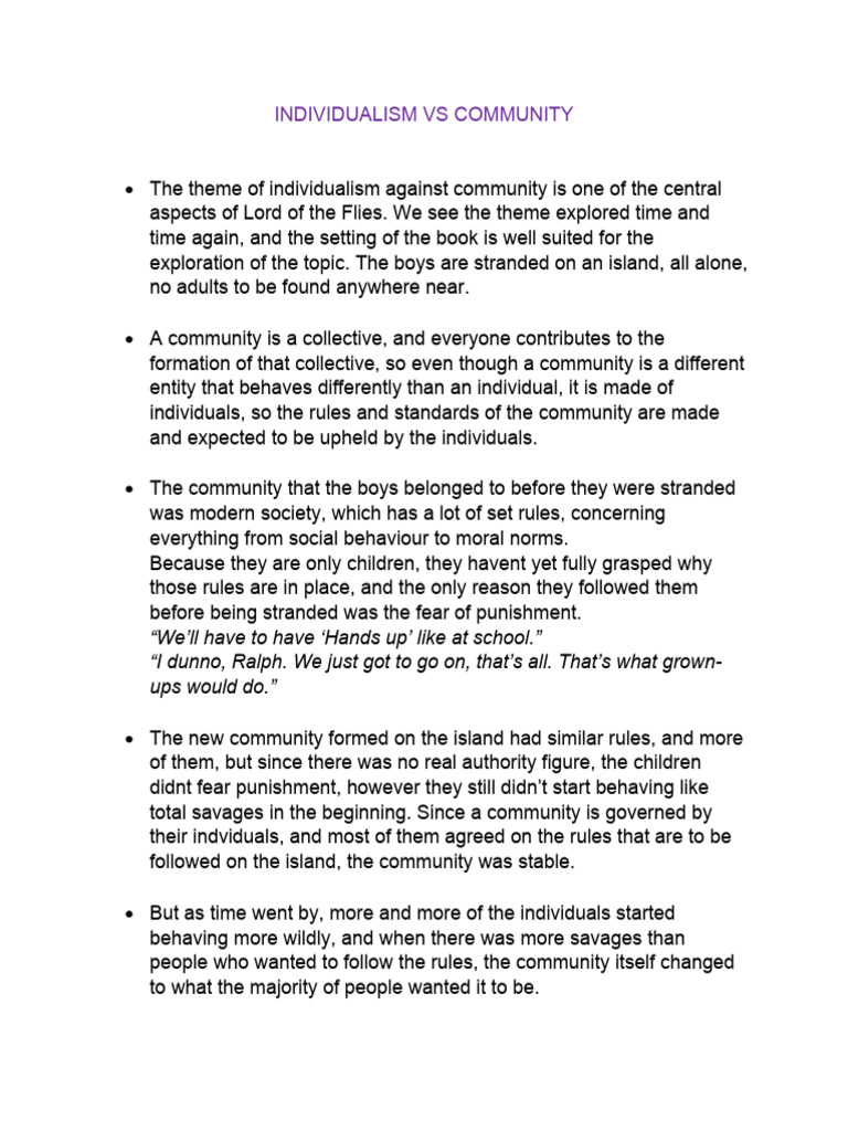 Individualism vs. Community in Lord of The Flies | PDF | Social ...