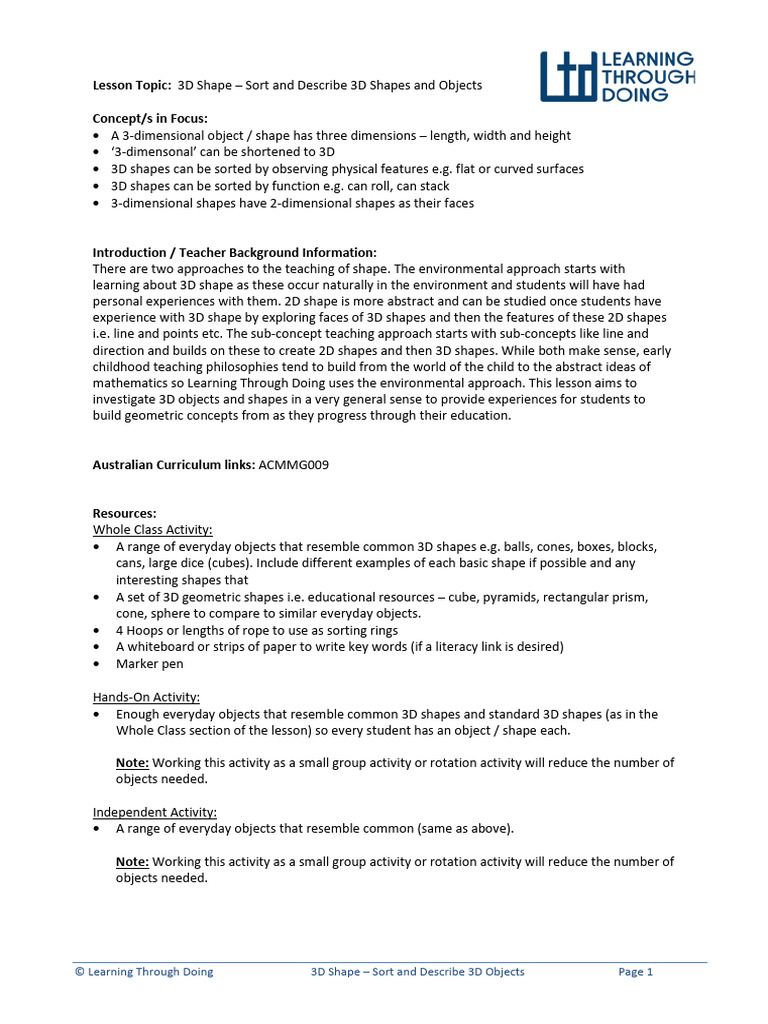 3D Shape Sort and Describe 3D Shapes and Objects Lesson | PDF | Shape ...