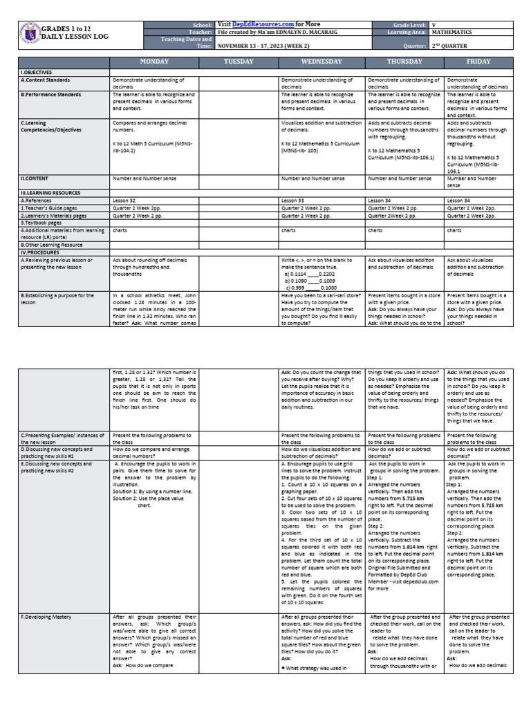 DLL - Mathematics 5 - Q2 - W2 | PDF | Differentiated Instruction | Curriculum
