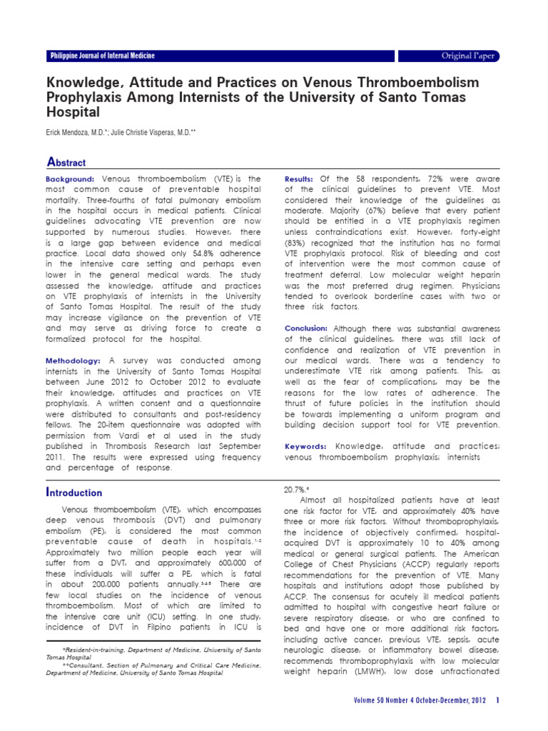 Knowledge Attitude and Practices On Venous Thromboembolism Prophylaxis Among Internists of The ...