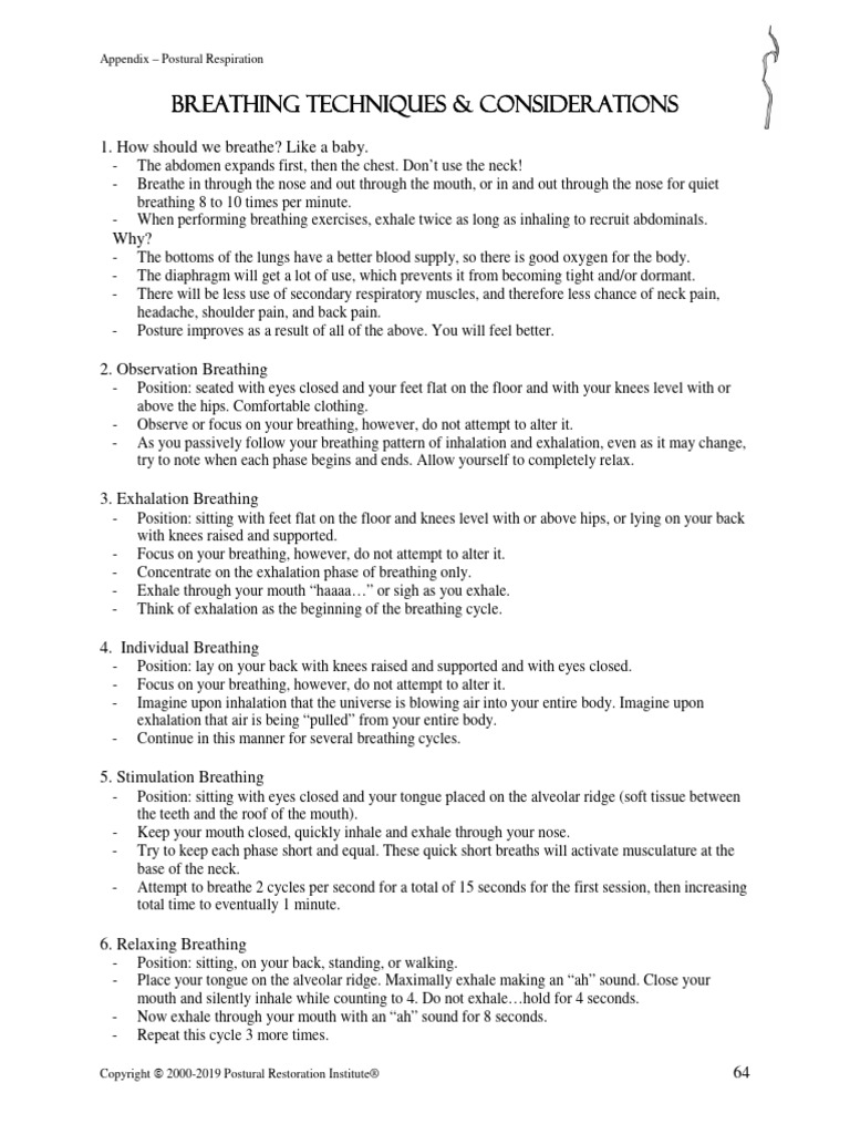 Breathing Techniques And Considerations Pdf Breathing Exhalation
