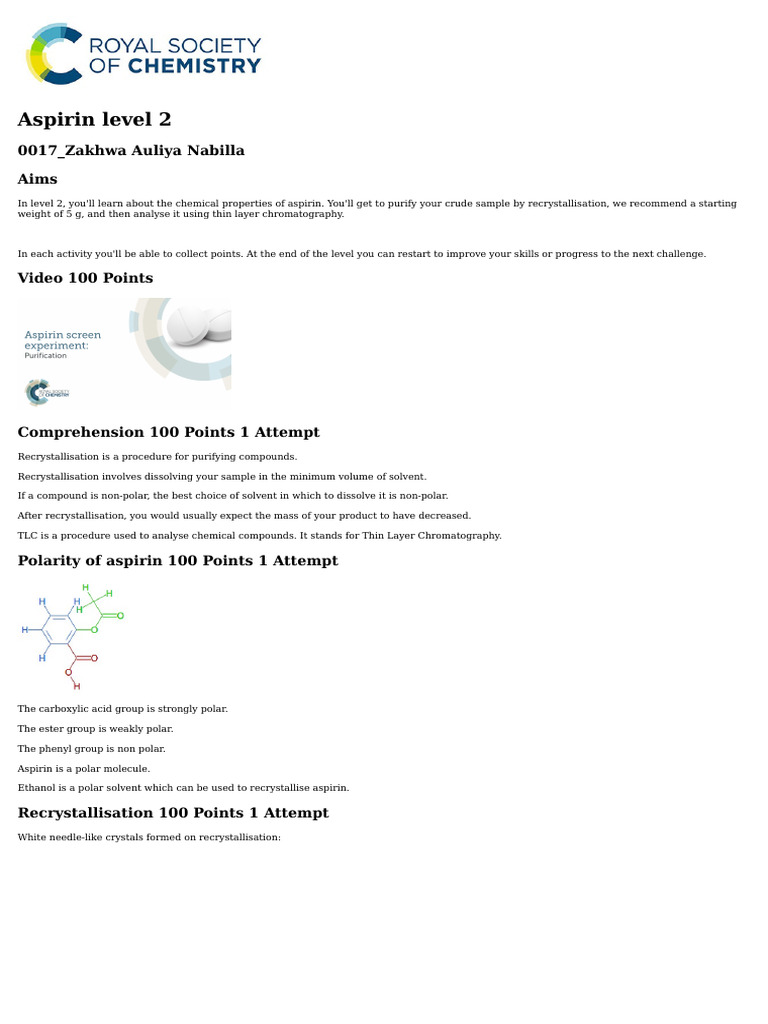 Aspirin Purification and Analysis Guide | PDF | Cooking, Food & Wine ...