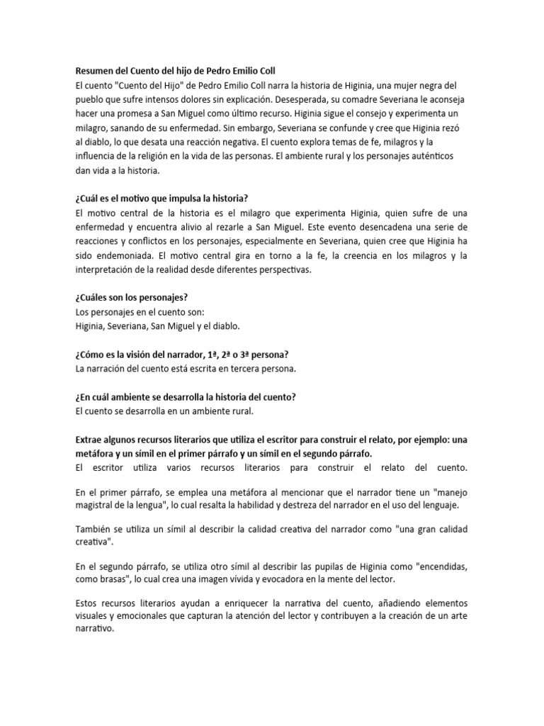 Resumen Del Cuento Del Hijo de Pedro Emilio Coll | PDF | Narración ...