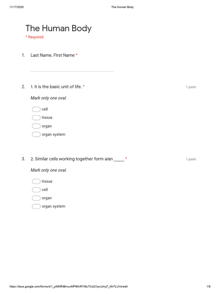 Assessment No. 6 - Grade 4 - Google Forms | PDF | Human Body | Tissue ...