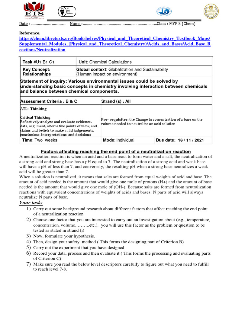 Factors Affecting Reaching The End Point Of A Neutralization Reaction B C Pdf Acid Hypothesis