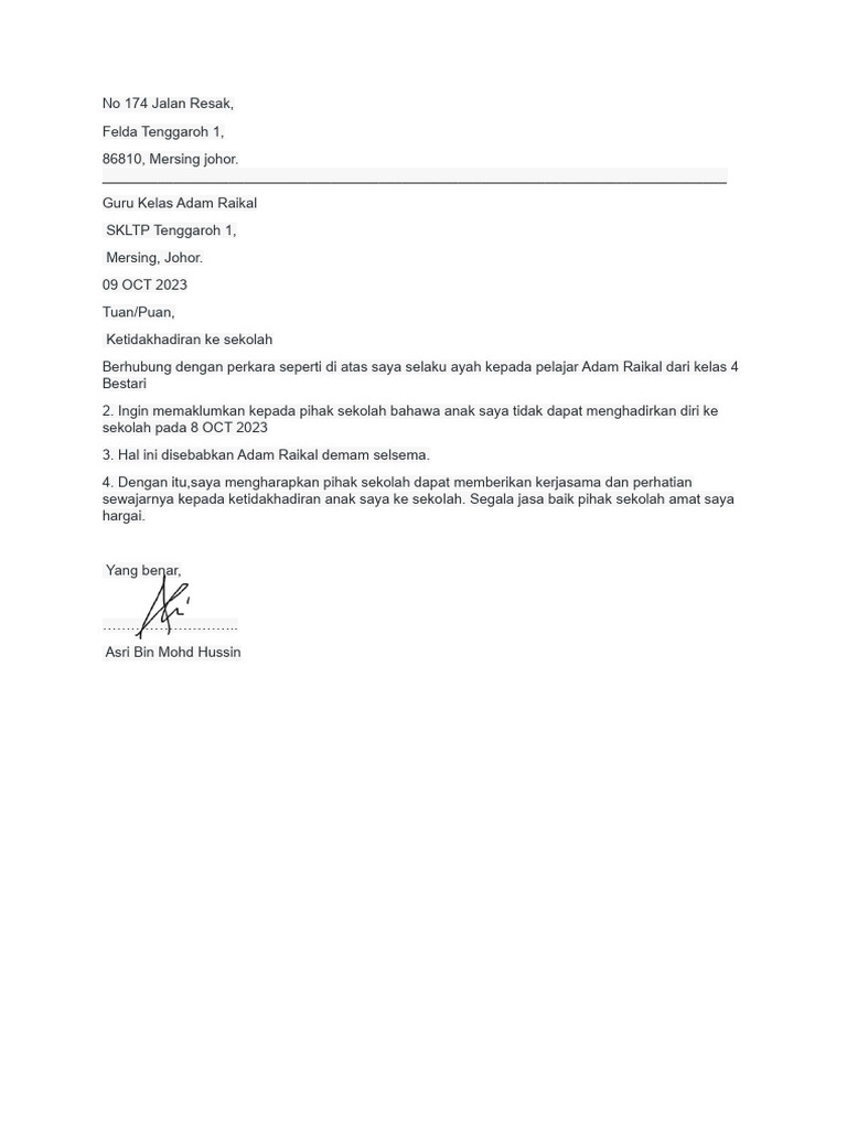 Surat Tidak Hadir Demam | PDF