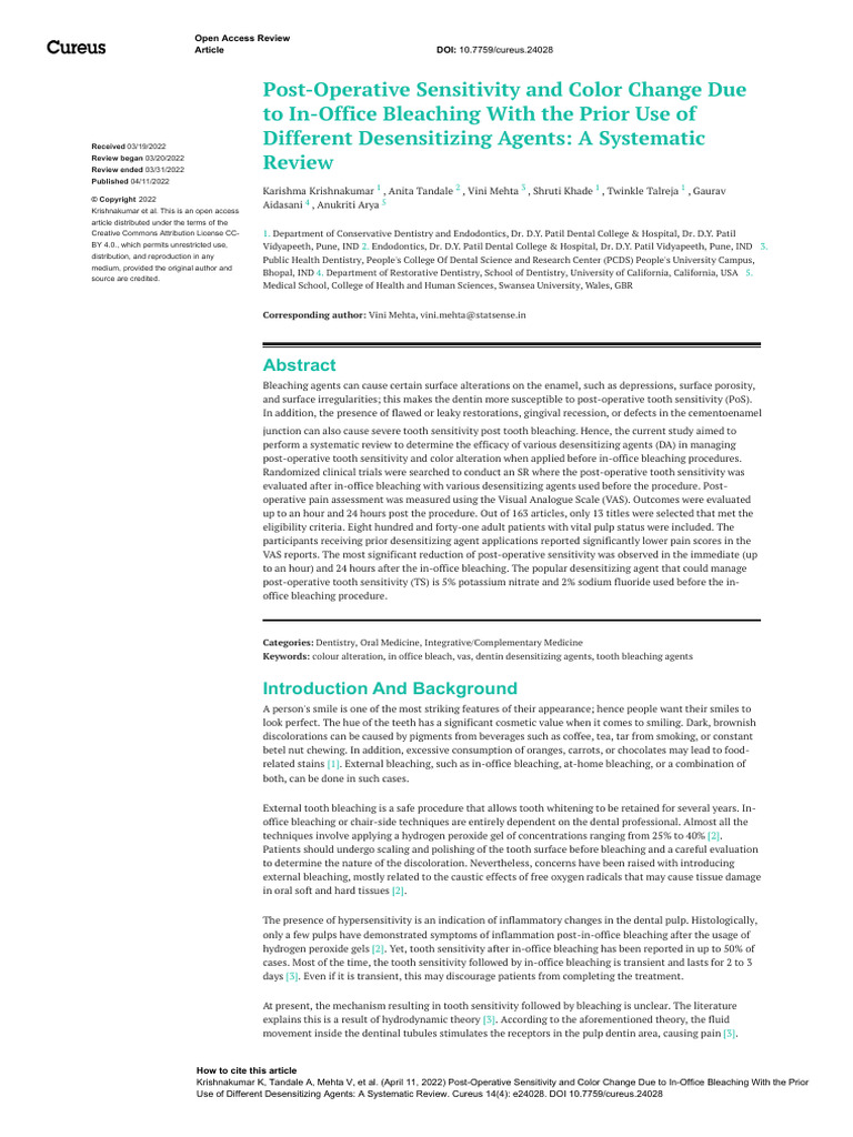 Post Operative Sensitivity and Color Change Due To in Office Bleaching ...