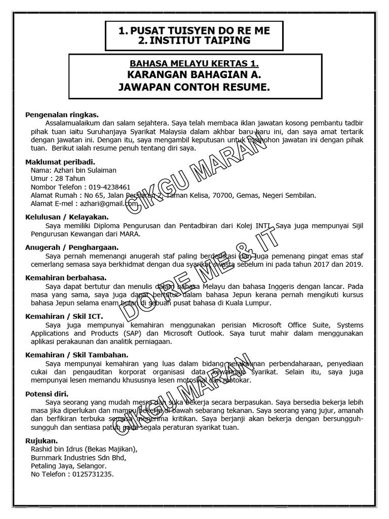 Karangan Resume Diri Skema | PDF
