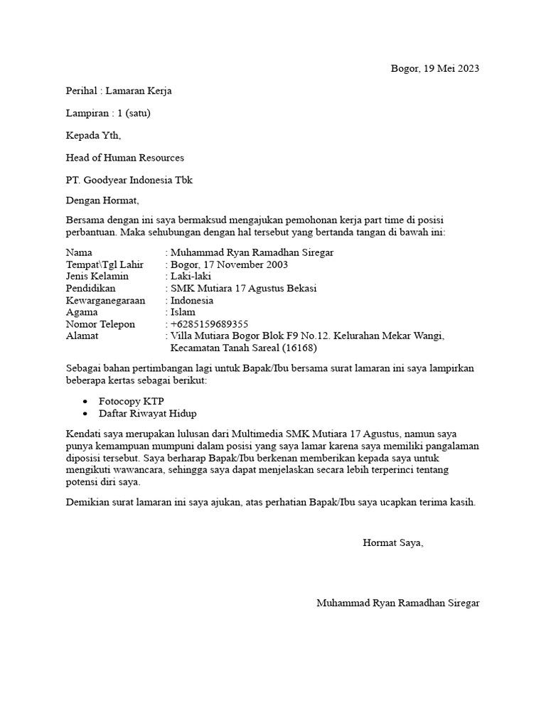 Lamaran Kerja Muhammad Ryan di Goodyear | PDF