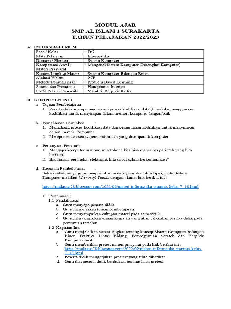 Modul Ajar Informatika 2022-2023 Kelas 7 TP 5 | PDF