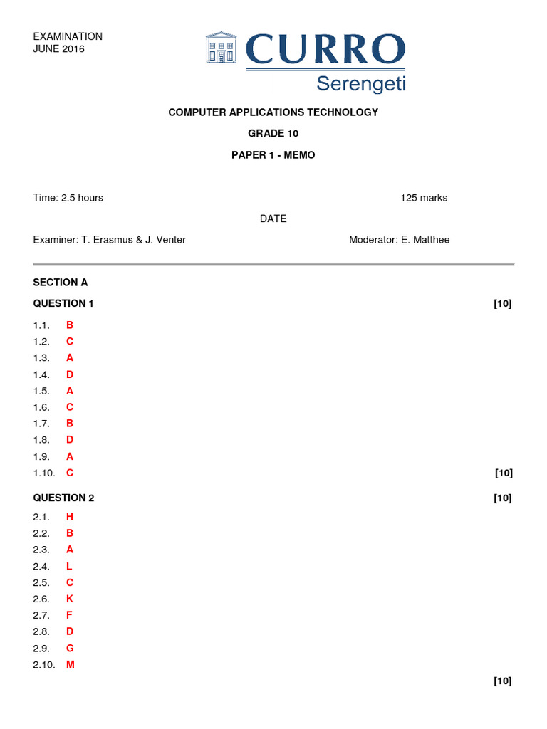 Cat - gr10 Theorypaper - June2016 - Exammemo Mrs VD Westhuizen | PDF ...