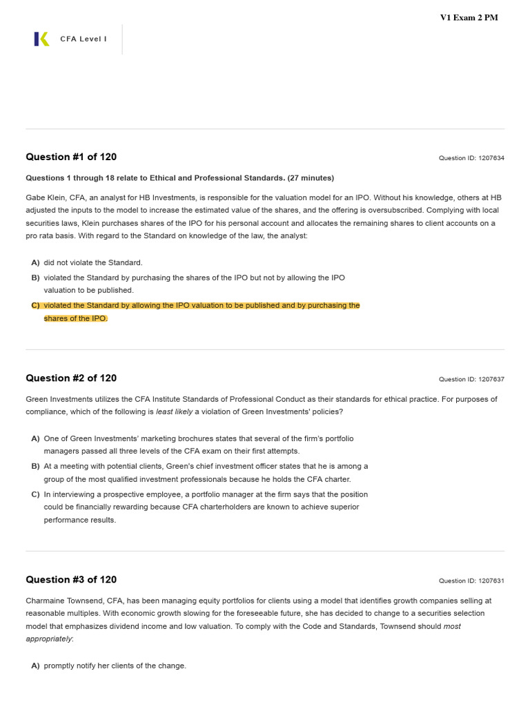 CFA Level 1 - V1 Exam 2 PM | PDF | Stocks | Deferred Tax