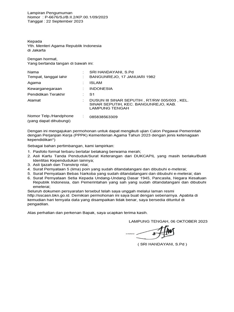 Contoh Surat Lamaran CPPPK | PDF