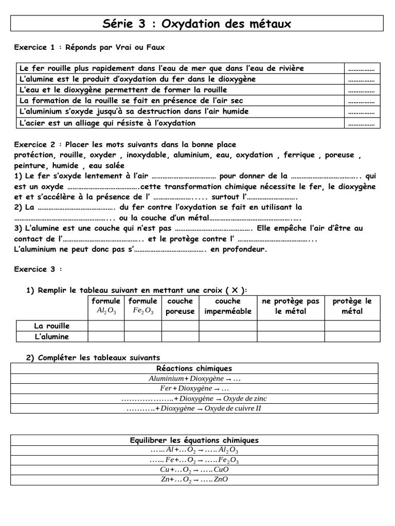 Exercices sur l'oxydation des métaux | PDF | Fer | Hydrogène
