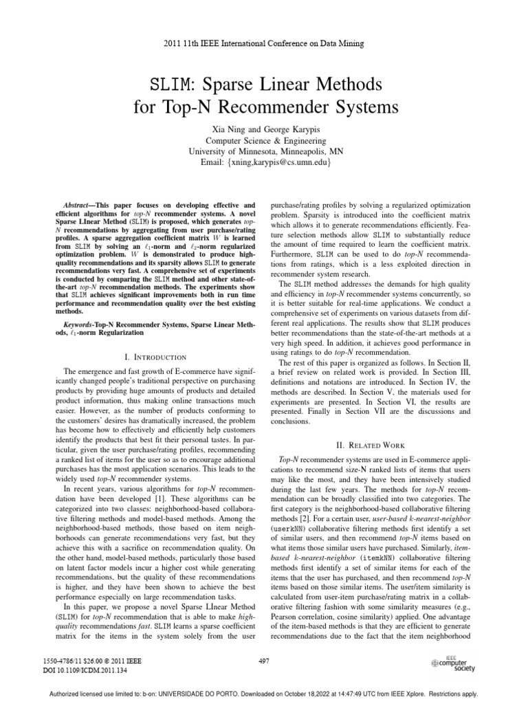 SLIM Sparse Linear Methods For Top-N Recommender Systems | PDF | Matrix (Mathematics) | Receiver ...