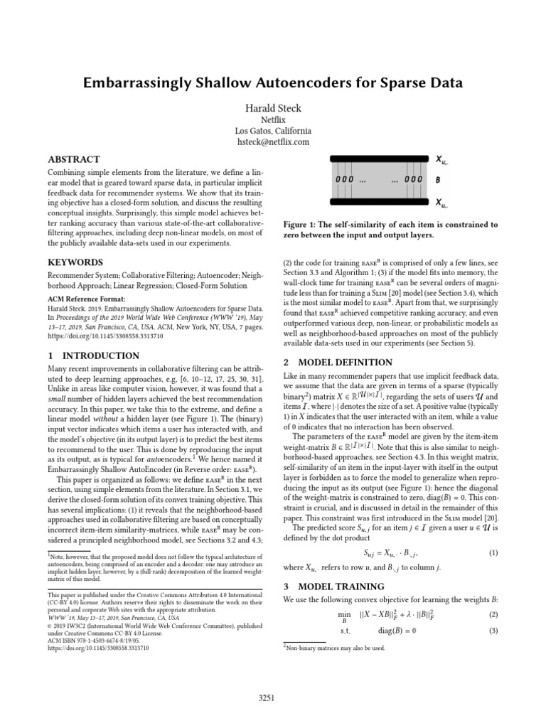 Embarrassingly Shallow Autoencoders For Sparse Data Pdf Matrix Mathematics Mathematical