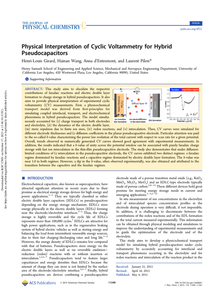 Girard Et Al 2015 Physical Interpretation of Cyclic Voltammetry For Hybrid Pseudocapacitors ...
