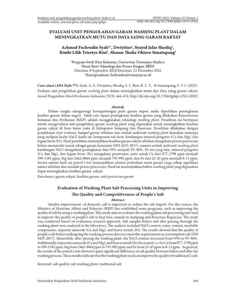 Evaluasi Unit Pengolahan Garam Washing Plant Dalam | PDF