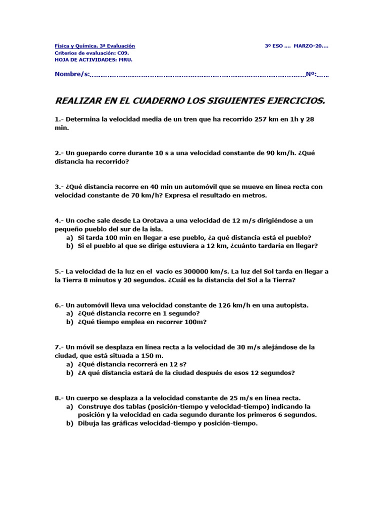 Actividades de MRU para 3º ESO | PDF