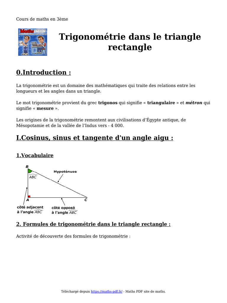 Trigonometrie Dans Le Triangle Rectangle Cours de Maths en 3eme 615 ...