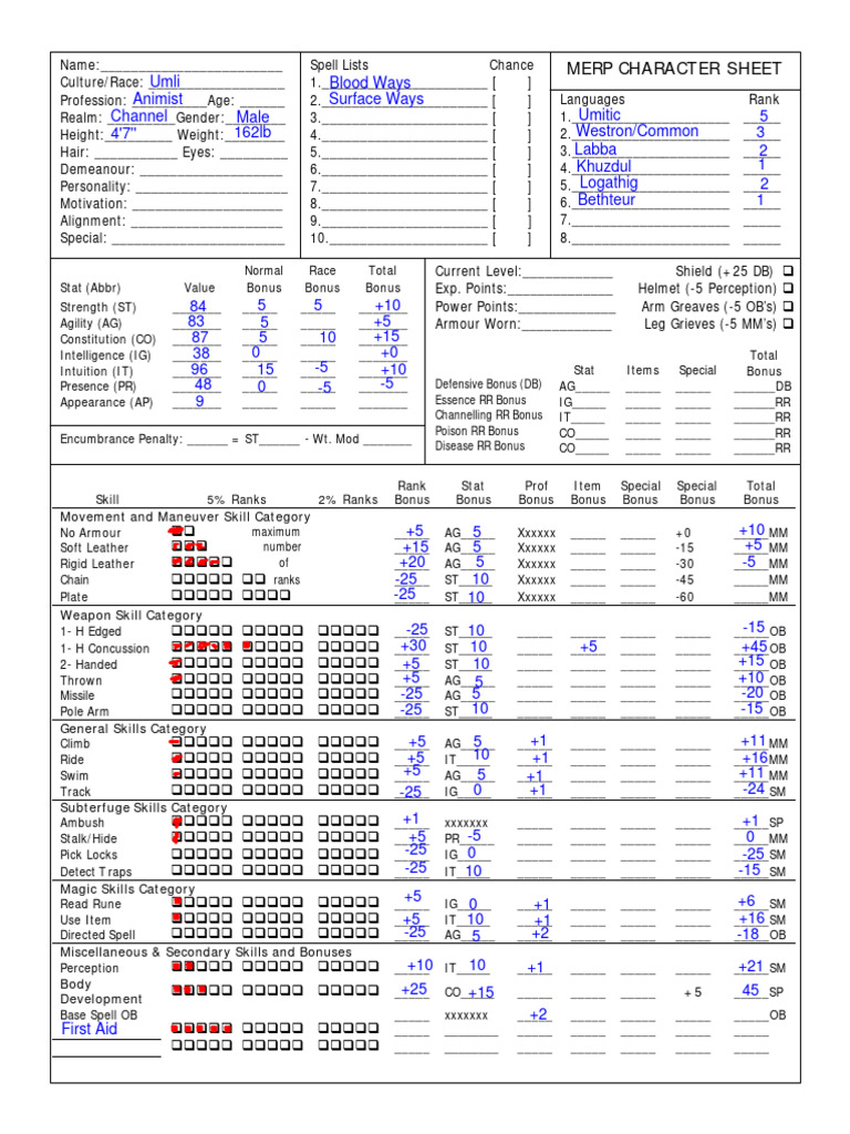 Merp Character Sheet: Defensive Bonus (DB) Essence RR Bonus Channelling ...