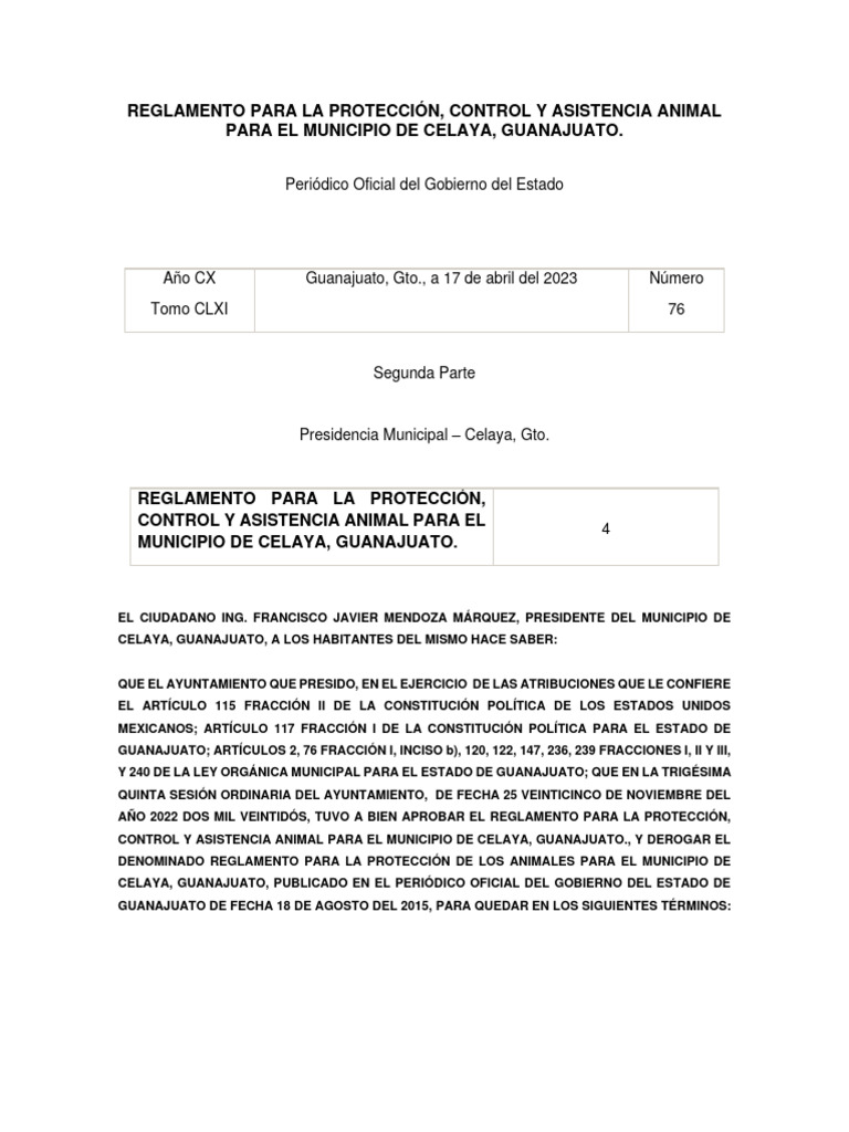 Reglamento para La Proteccion Control y Asistencia Animal para El Municipio de Celaya Guanajuato ...