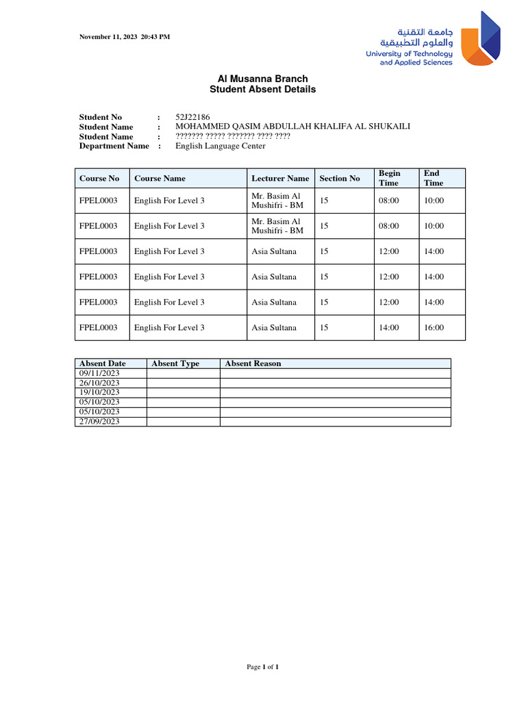 Student Absence Record - English Level 3 | PDF