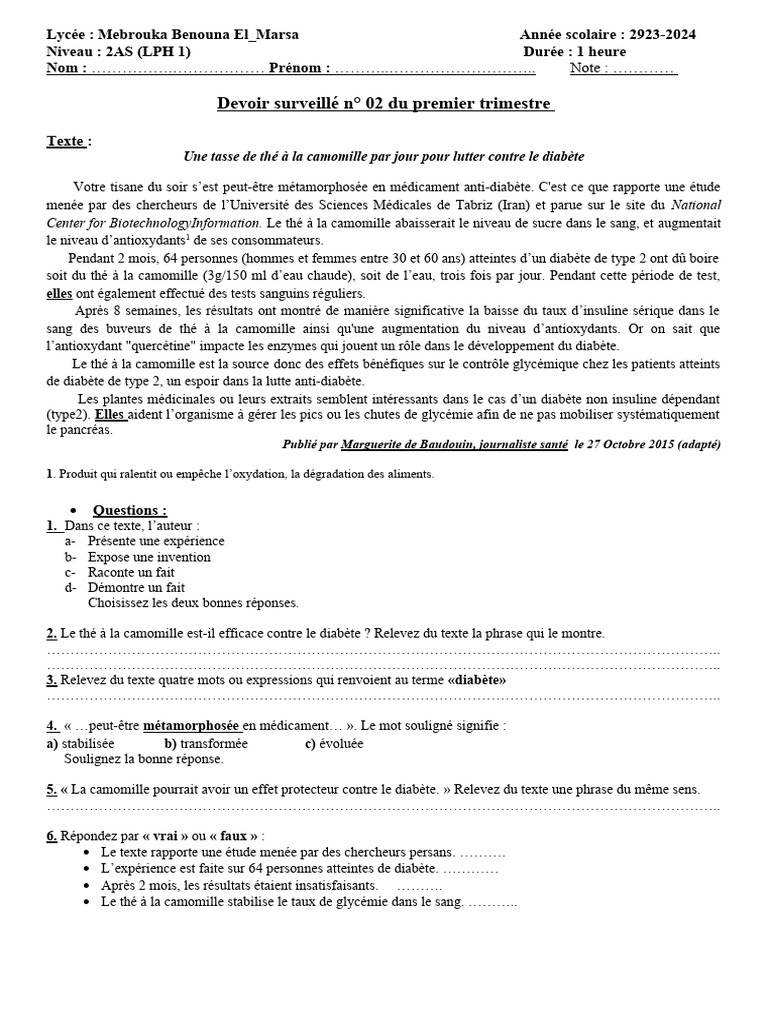 2AS Devoir Expérience La Camomille | PDF | Maladies et troubles | Spécialités médicales