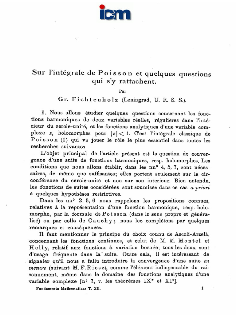 Sur L Intégrale de Poisson Et Quelq | PDF