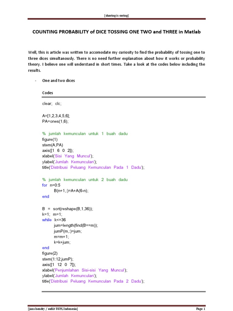 Counting Probability of Dice Tossing One Two and Three in Matlab | PDF