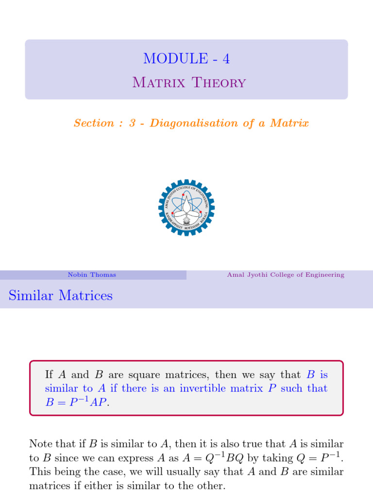 Module 4 Diagonalisation Pdf Eigenvalues And Eigenvectors Matrix Mathematics
