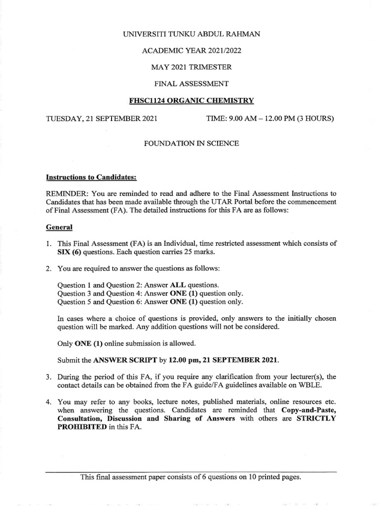 FHSC1124 - ORGANIC - CHEMISTRY - FA-QP - 202105 Set 2 | PDF