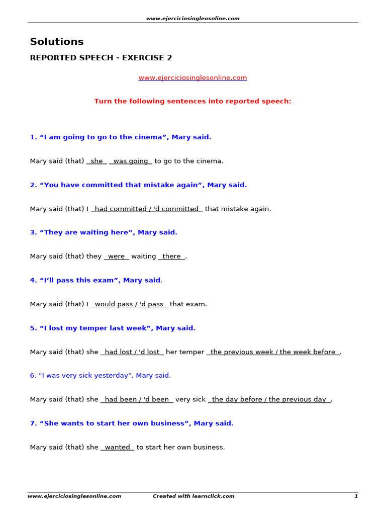 Solutions Reported Speech Exercise 2 | PDF