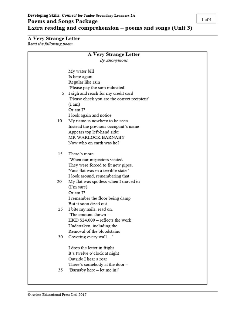 Connect2A U3 PoemsSongs Reading | PDF