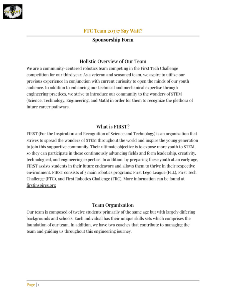 FTC Team 20337 Sponsorship Overview | PDF | Science, Technology ...