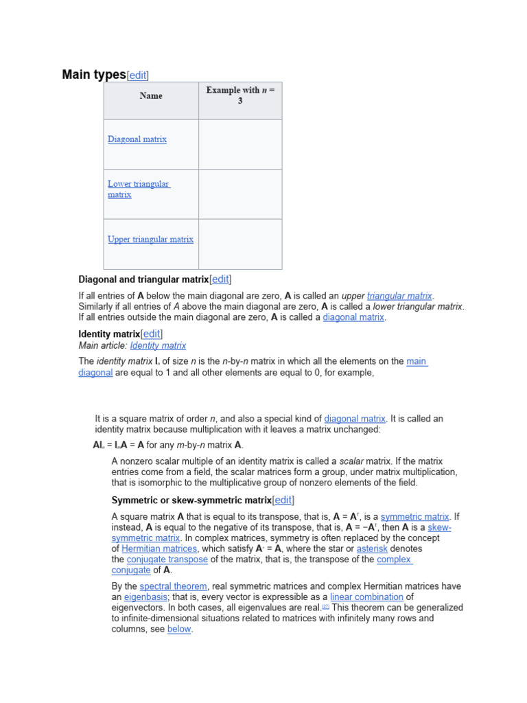 Main types of matrices | PDF | Matrix (Mathematics) | Eigenvalues And Eigenvectors