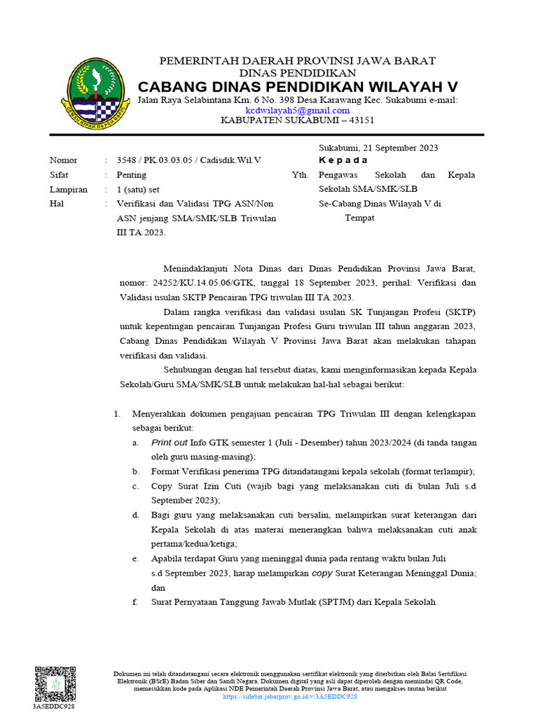 TTE KCD V 3548 - PEMBERKASAN TPG TW 3 TAHUN 2023 KCD V2 21092023 112507 Signed | PDF