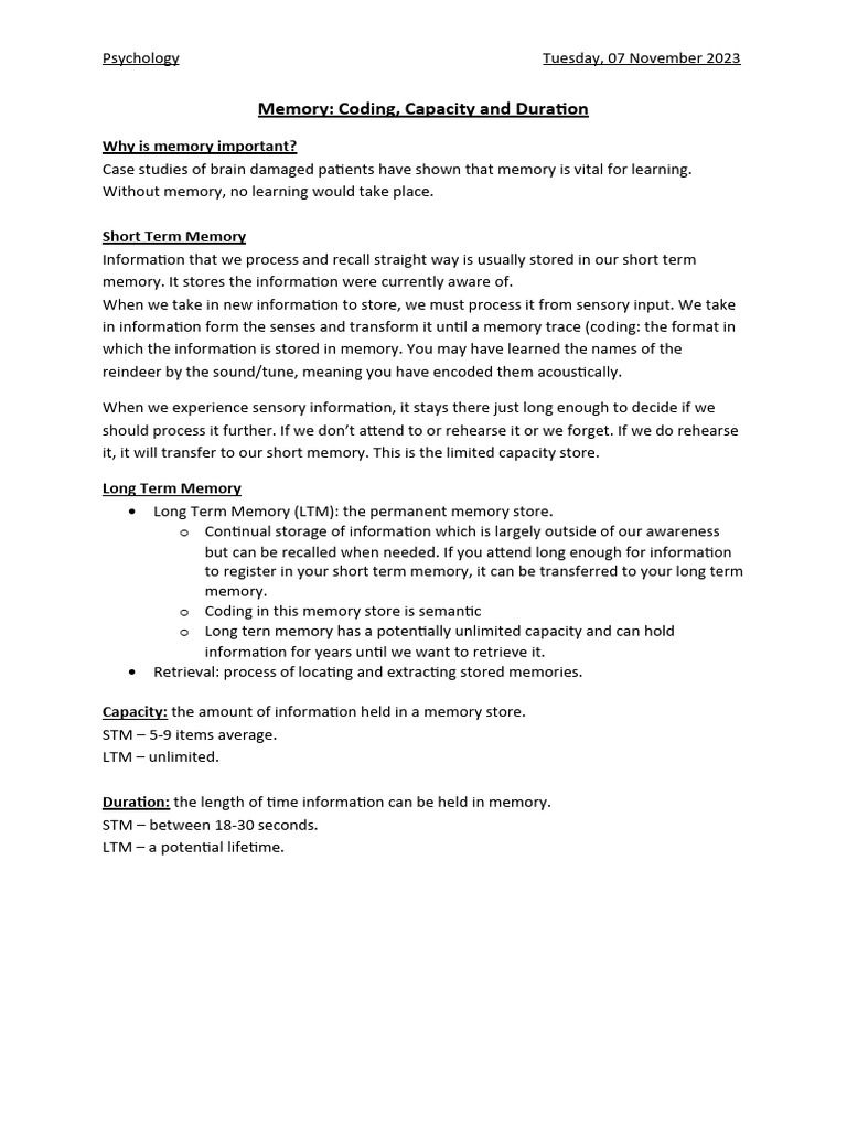Coding, Capacity and Duration AQA Psychology | PDF | Memory | Recall (Memory)