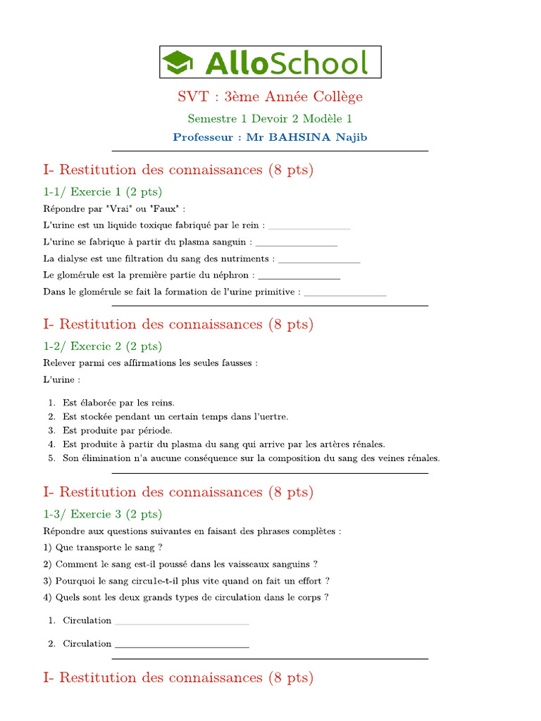 Svt-3ac-Semestre-1-Devoir-2-Modele-1-1 Maroc | PDF