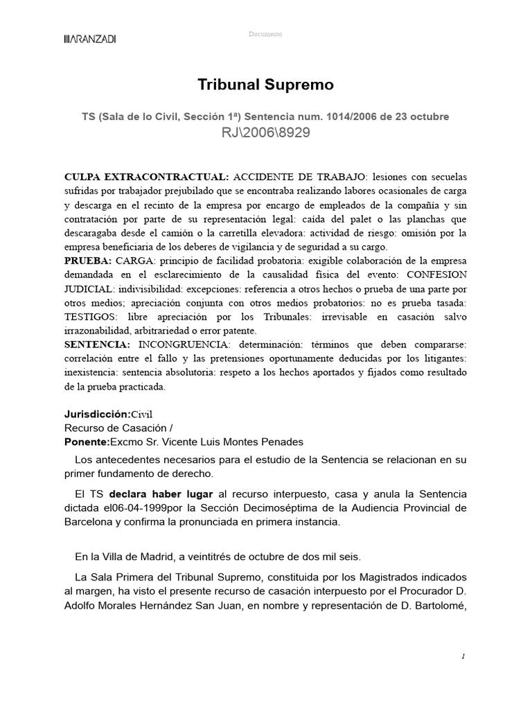 Jur - TS (Sala de Lo Civil, Seccion 1a) Sentencia Num. 1014-2006 de 23 Octubre - RJ - 2006 ...