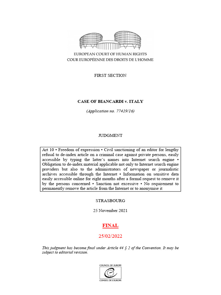 CASE OF BIANCARDI v. ITALY (CEDU) | PDF | Justice | Crime & Violence