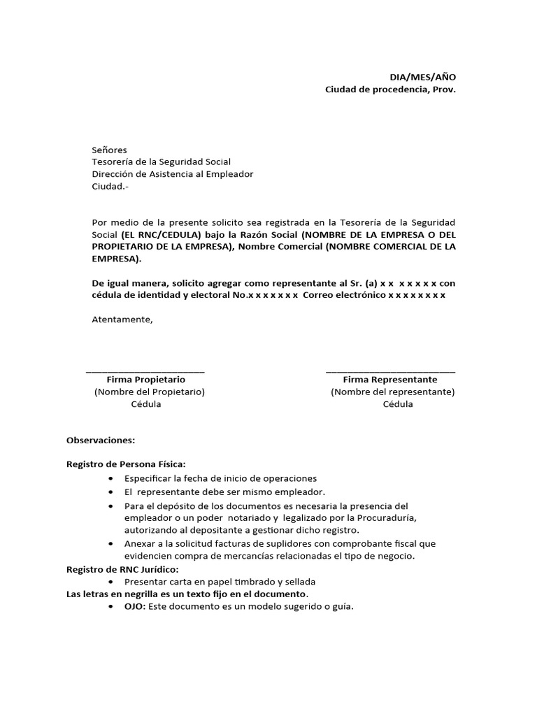 Carta - Modelo TSS REGISTRO EMPLEADORES | PDF