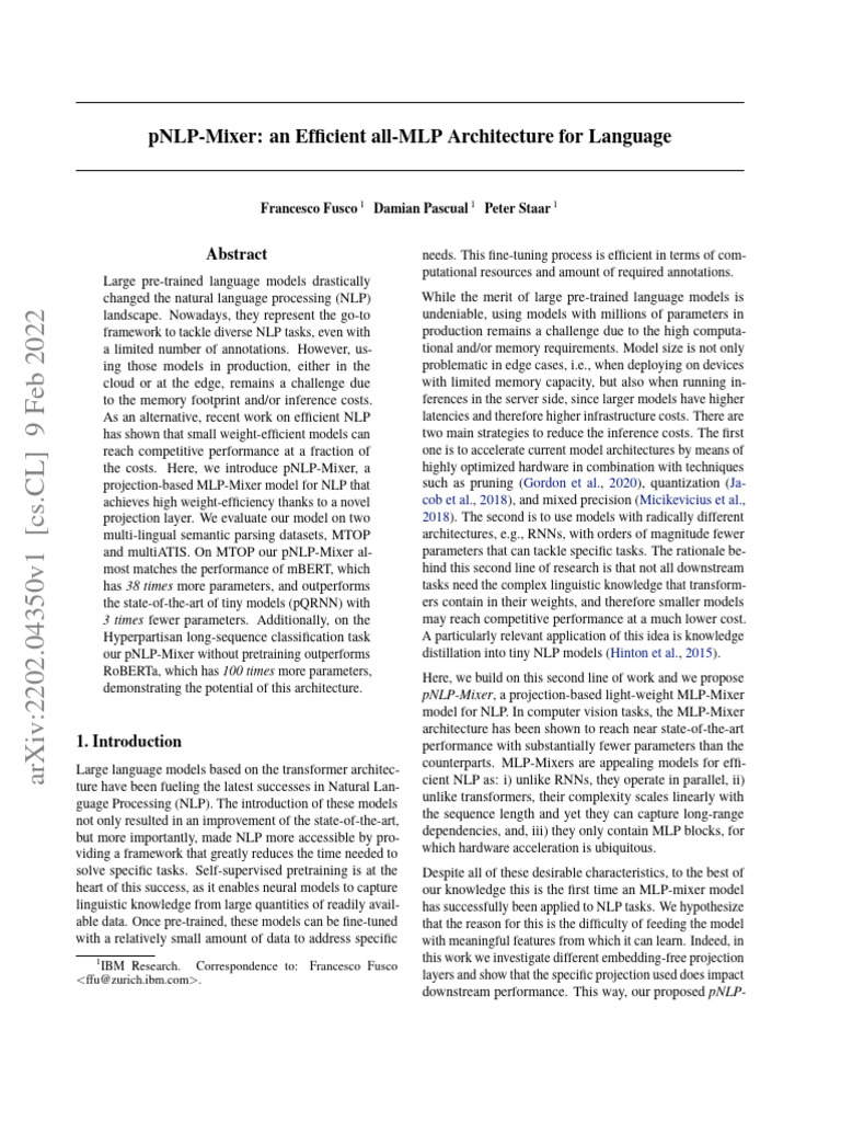 pNLP-Mixer: An Efficient all-MLP Architecture For Language | PDF | Applied Mathematics | Cybernetics