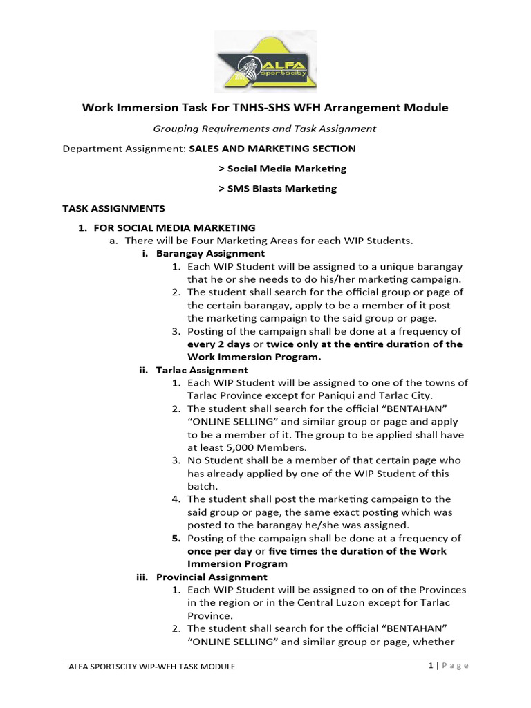 ALFA SPORTSCITY WORK IMMERSION TASK FOR TNHS SHS-WFH - TEAM MOBILE ...