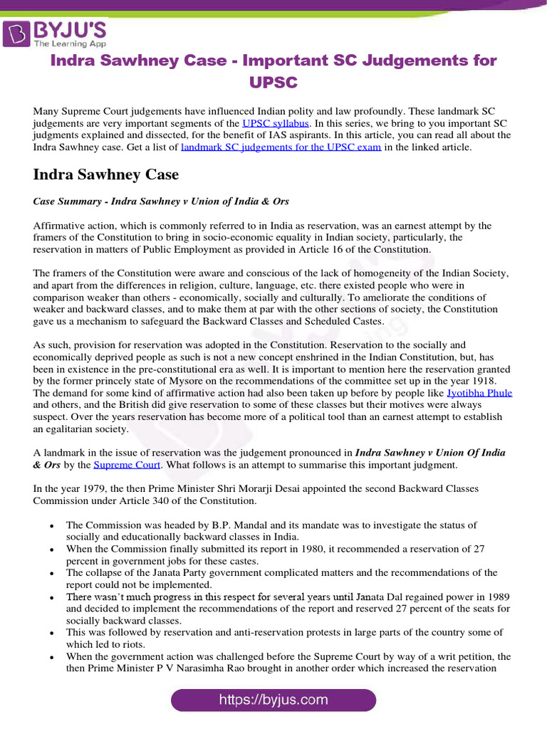 Indra Sawhney Case: Landmark SC Judgment | PDF | Government | Politics ...